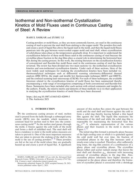 Pdf Isothermal And Non Isothermal Crystallization Kinetics Of Mold Fluxes Used In Continuous