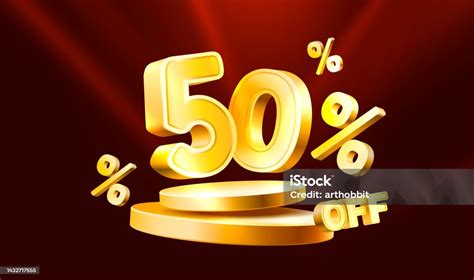 50 Off 할인 크리에이티브 작곡 장식용 물건 황금 색종이 연단 및 선물 상자가있는 3d 판매 기호 판매 배너 및 포스터 벡터 일러스트레이션 3차원 형태에 대한 스톡 벡터