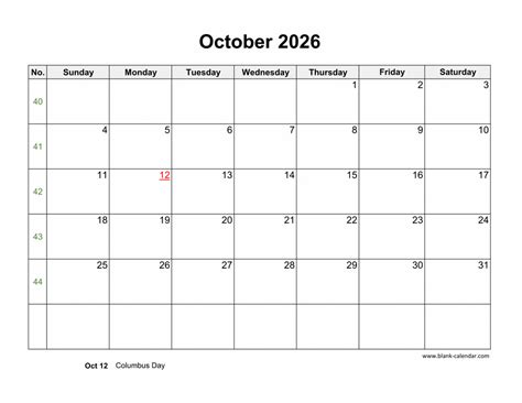 October 2026 Calendar Printable