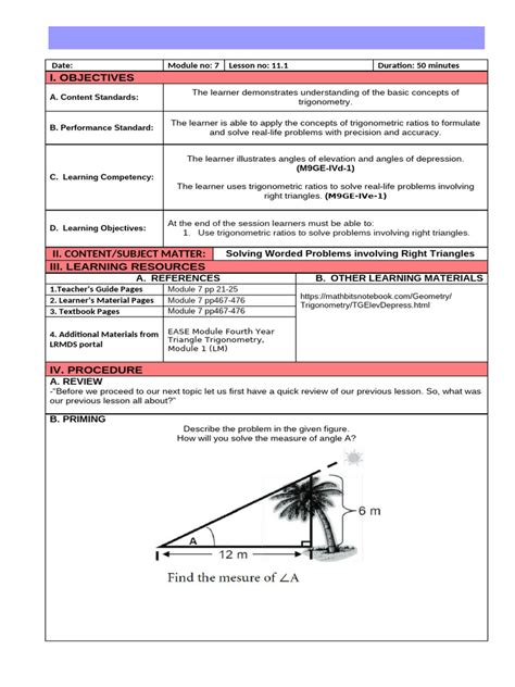 G9 Lp Module 7 Lesson 11 1 Solving Worded Problems Involving Right Triangles Pdf