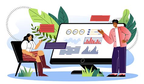 영업 관리자 팀 남자와 여자 가까이 컴퓨터 화면 와 와 새 와 새 인쇄 Here Bread Quick Here Print Here 분석가는 마케팅 조사를 수행합니다 평면