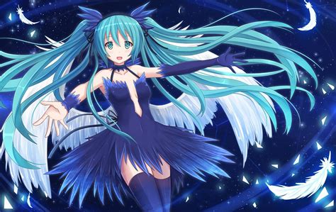 Vocaloid Hatsune Miku Wings Feathers Long Hair Twintails Thigh