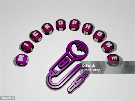 마이크 그래픽과 개념및 프리젠 테이션의 관련 의미에 대한 금속 주사위 문자로 만든 아이콘 주위에 텍스트의 3d 그림 배경 및 오디오 감청에 대한 스톡 사진 및 기타 이미지