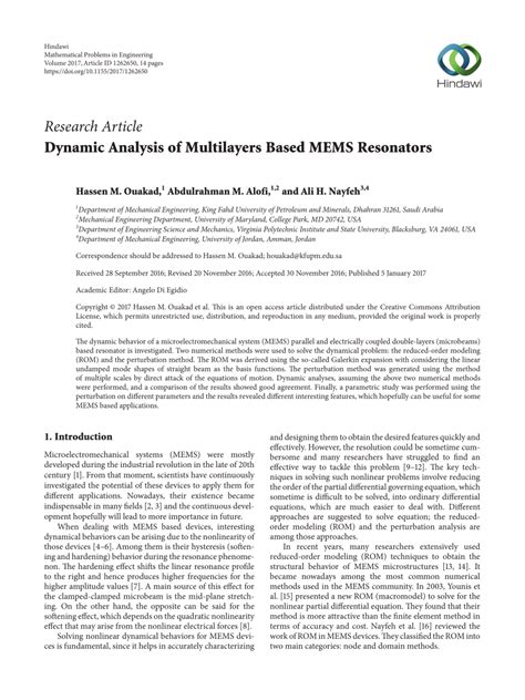 Pdf Dynamic Analysis Of Multilayers Based Mems Resonators