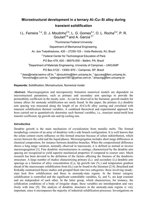 Pdf Microstructural Development In A Ternary Al Cu Si Alloy During Transient Solidification