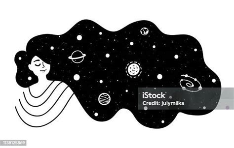 벡터 일러스트 레이 션 긴 검은 머리에 별과 행성으로 고 대 하나님 처럼 보이는 여자와 십대 소녀에 대한 스톡 벡터 아트 및
