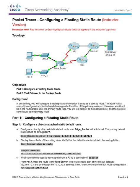 6434 Packet Tracer Configuring A Floating Static Route