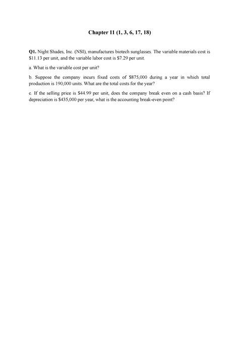 week5 tutorial 4 chap 11q chapter 11 1 3 6 17 18 q1 night