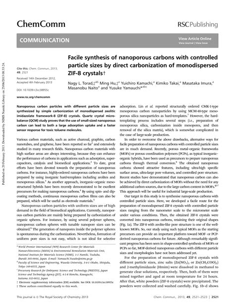 Pdf Facile Synthesis Of Nanoporous Carbons With Controlled Particle Sizes By Direct