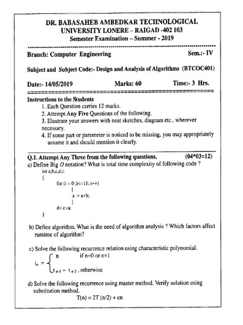 Btech Cs 4 Sem Design And Analysis Of Algorithms Btcoc401 May 2019