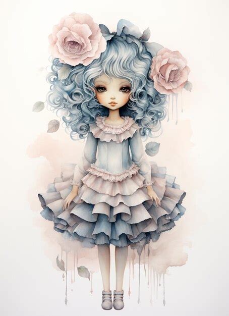 Premium Photo There Is A Drawing Of A Girl With Blue Hair And Flowers