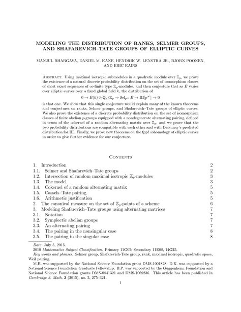 Solution Modeling The Distribution Of Ranks Selmer Groups And