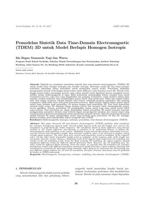 Pdf Pemodelan Sintetik Data Time Domain Electromagnetic Tdem 3d Untuk Model Berlapis Homogen