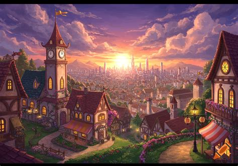 A Fantasy Town With Half Timbered Houses Along A River At Sunset On