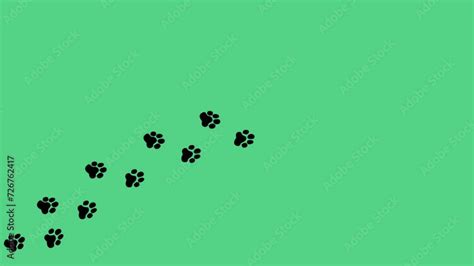 Paw Footstep Walking In A Curve From Different Perspectives On Green Background Silhouettes Paw