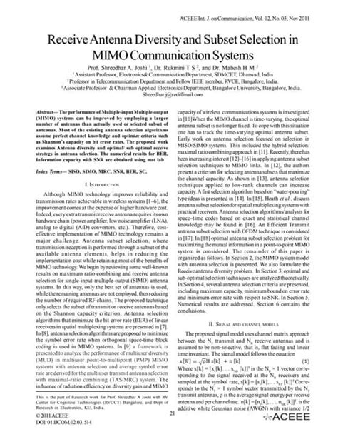 Receive Antenna Diversity And Subset Selection In Mimo Communication Systems Pdf Computing