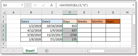 Excel Formula Count Days Week Month Or Year Between Two Dates