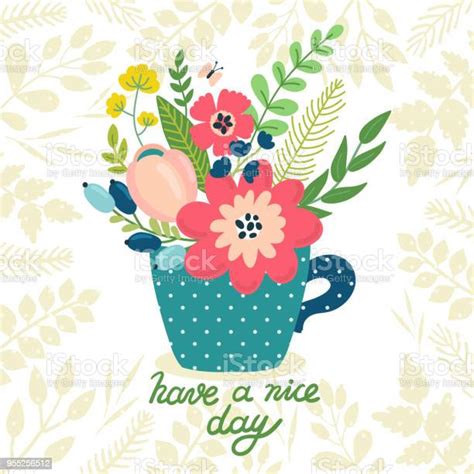 컵에 텍스트를 작성 하는 손 아름 다운 부케와 벡터 카드 좋은 하루 되세요 꽃 빈티지 일러스트입니다 레트로 여름 카드입니다 귀여운에 대한 스톡 벡터 아트 및 기타 이미지