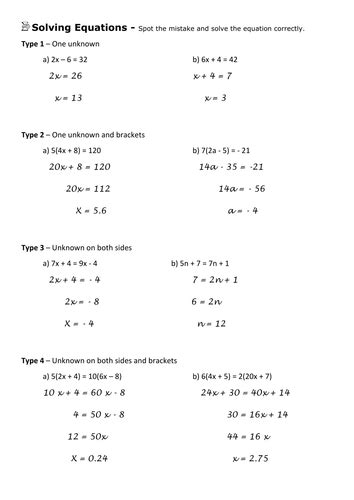 spot the mistake solving equations by whistleandsums teaching resources tes