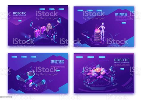 데이터로 작동하는 로봇 무기 이동 파일 웹 사이트에서 정보를 추출 디지털 기술 서비스 3d 등등 측정 벡터 일러스트와 로봇 프로세스 자동화 방문 페이지 템플릿 개념에 대한