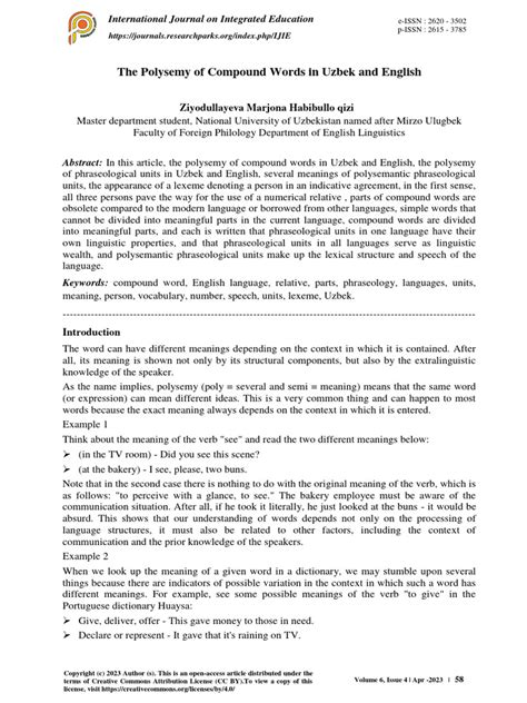 The Polysemy Of Compound Words In Uzbek And English Pdf Lexicon Word