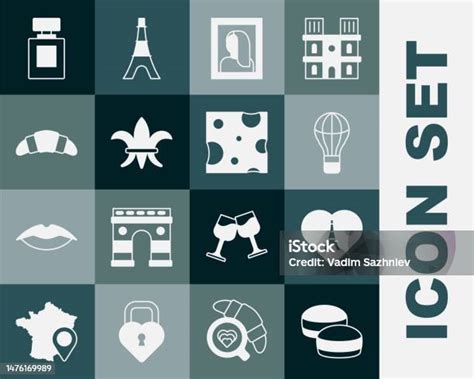 마카롱 쿠키 심장이 있는 에펠탑 열기구 박물관의 초상화 그림 플뢰르 드 리스 크루아상 향수 및 치즈 아이콘을 설정합니다 벡터