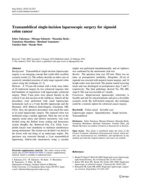 Pdf Transumbilical Single Incision Laparoscopic Surgery For Sigmoid Colon Cancer