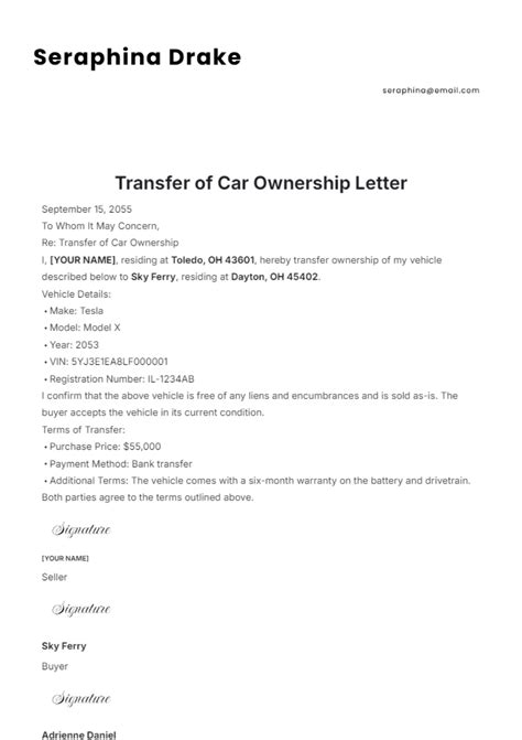 Free Transfer Of Car Ownership Letter Template To Edit Online