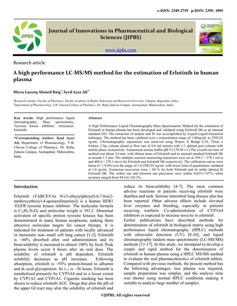 Pdf A High Performance Lc Ms Ms Method For The Estimation Of Erlotinib In Human Plasma