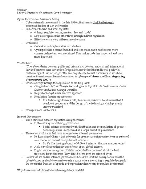 Cyberlaw Lecture 3 Condensed Notes Lecture 3 Regulation Of Cyberspace Cyber Sovereignty