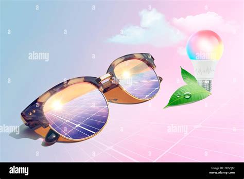 Solar Panels Reflection In Sun Glassrenewable Energy And Led Light Bulb Eyesight For