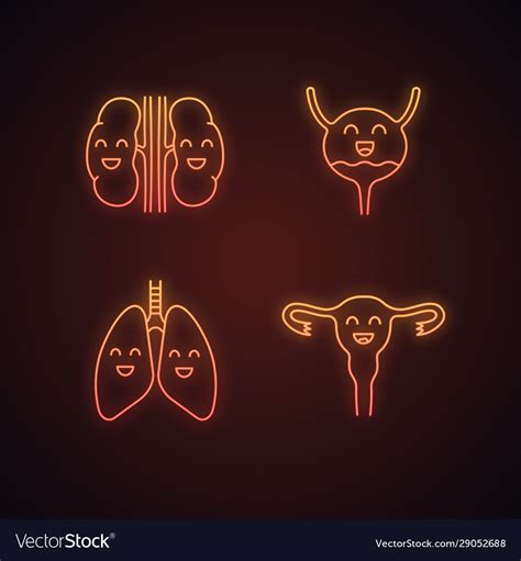 Smiling Human Internal Organs Neon Light Icons Set