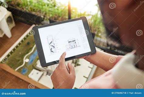 Hands Tablet And Architecture Design With Blueprint Model And Planning For Property