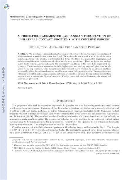 Pdf A Three Field Augmented Lagrangian Formulation Of Unilateral Contact Problems With