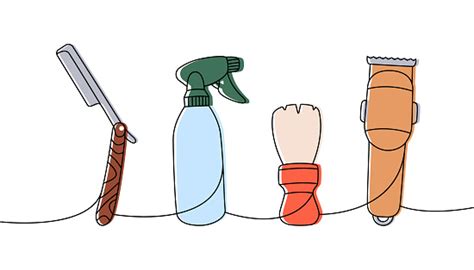 이발소 도구 한 줄 컬러 연속 그리기 날카로운 면도날 미용사 분무기 브러쉬 이발기 연속 한 줄 그림 날에 대한 스톡 벡터 아트