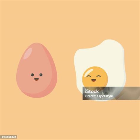 삶은 달걀과 계란 후라이 벡터 삽화의 귀여운 만화 캐릭터 디자인은 노란색 배경에 격리되어 있습니다 행복 한 귀여운 웃는 재미 있는 카와이 삶은 계란 계란 노른자에 대한 스톡