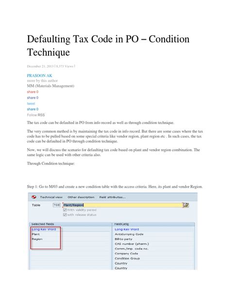 Defaulting Tax Code In Po Condition Technique Sap Blogs Pdf