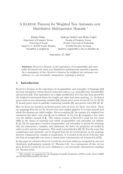 Pdf A Kleene Theorem For Weighted Tree Automata Over Distributive Multioperator Monoids