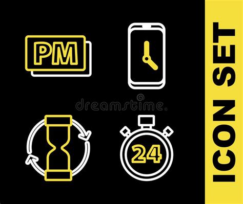 Set Line Alarm Clock App Mobile Stopwatch Hours Old Hourglass And Clock PM Icon Vector