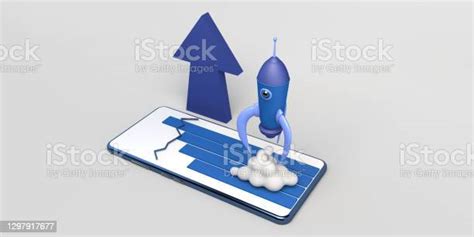 바 차트가있는 스마트 폰에서 로켓 발사 신제품 또는 서비스의 개발 및 홍보 시작 3d 일러스트레이션 차트에 대한 스톡 사진 및 기타 이미지 Istock