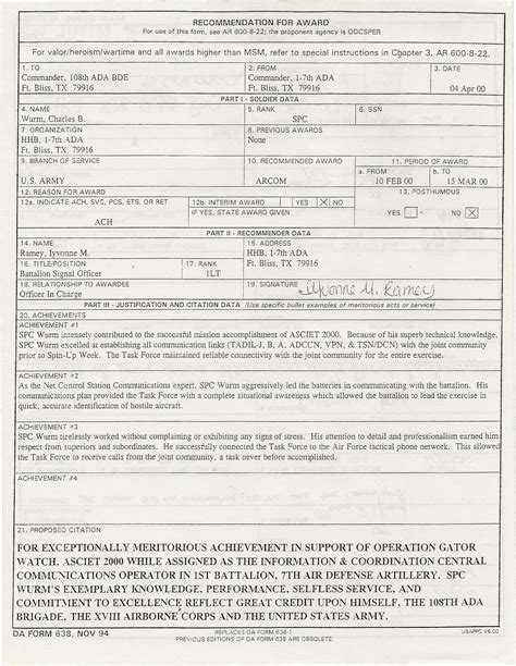 Da Form 638 Aam Fillable Printable Forms Free Online