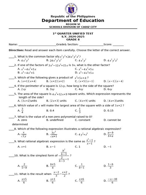 G 8 1st Quarter Exam Pdf Cartesian Coordinate System Mathematical Concepts