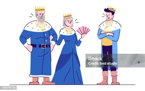 중세 왕 여왕과 왕자 플랫 벡터 일러스트레이션 흰색 배경에 윤곽 요소와 아들 고립 만화 캐릭터와 왕국 통치자 동화 속 인물 왕국 통치자 가공의 인물에 대한 스톡 벡터 아트