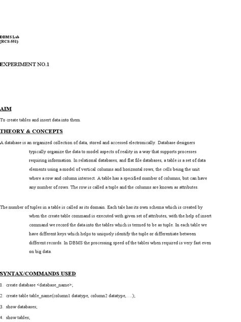 Experiment No1 Dbms Lab Rcs 551 Pdf Table Database Data Model
