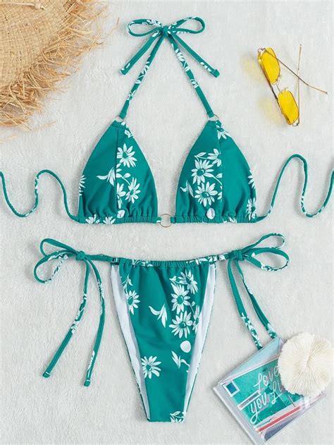 Дамски бански Floral Print Halter Triangle Bikini Swimsuit Emma