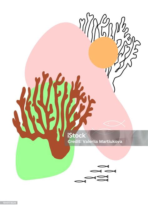 장식적인 산호와 추상적인 색상 얼룩이 있는 창의적인 미니멀리스트 그림 엽서 플래카드 플래카드 브로셔 표지 디자인용 0명에 대한 스톡 벡터 아트 및 기타 이미지 Istock