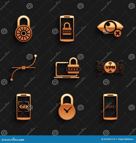Set Laptop With Password Padlock Clock Mobile And VPN Microchip Circuit Eye Scan And Bezier