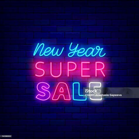 새해 슈퍼 판매 네온 간판 빛나는 타이포그래피 반짝이는 글자 배너 벡터 스톡 일러스트 개념에 대한 스톡 벡터 아트 및 기타
