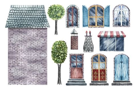 집은 건설 키트입니다 빈티지 하우스를 만들기 위한 세트입니다 정면 창문 문 손으로 만든 수채화 일러스트 스크러빙 어린이 게임 엽서 포장을 위한 디자인 요소 0명에 대한 스톡