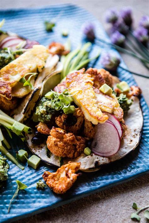 Roasted Cauliflower Fried Halloumi Tacos With Spicy Avocado Basil Salsa